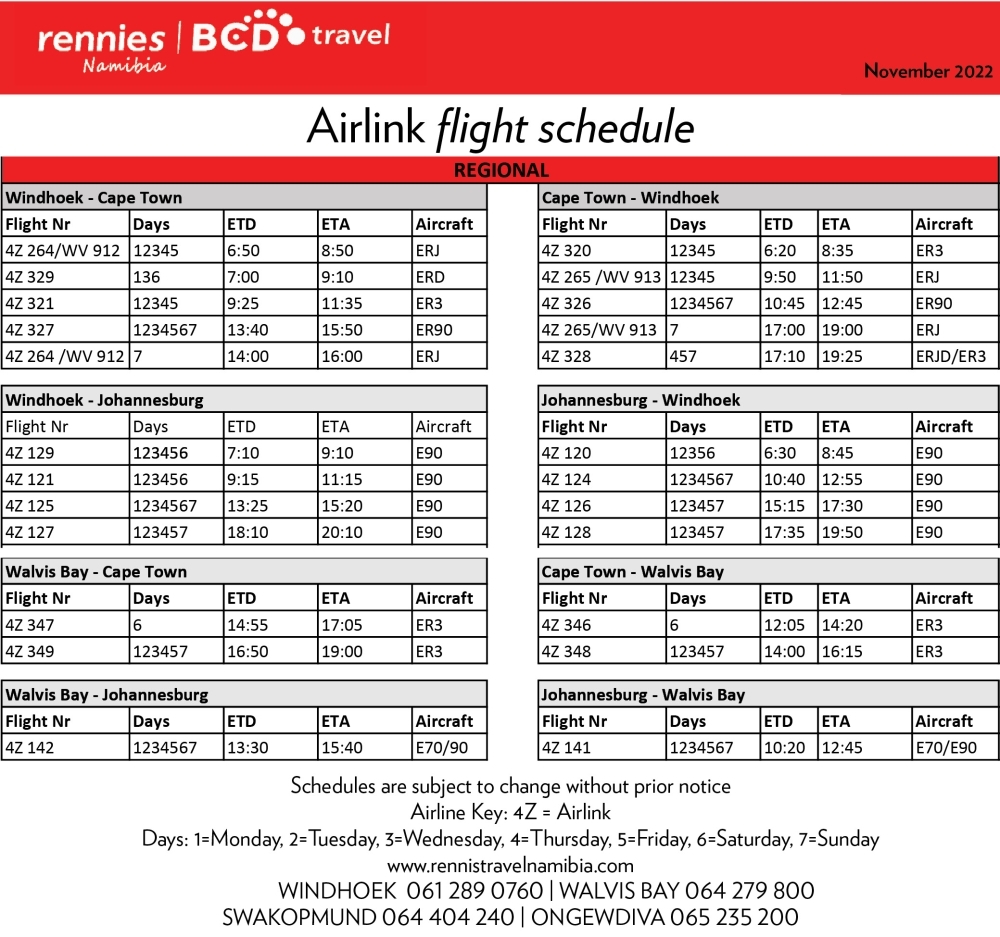 Flight Schedule Airlink Tourismus Namibia Flight Schedule Airlink Tourismus Namibia